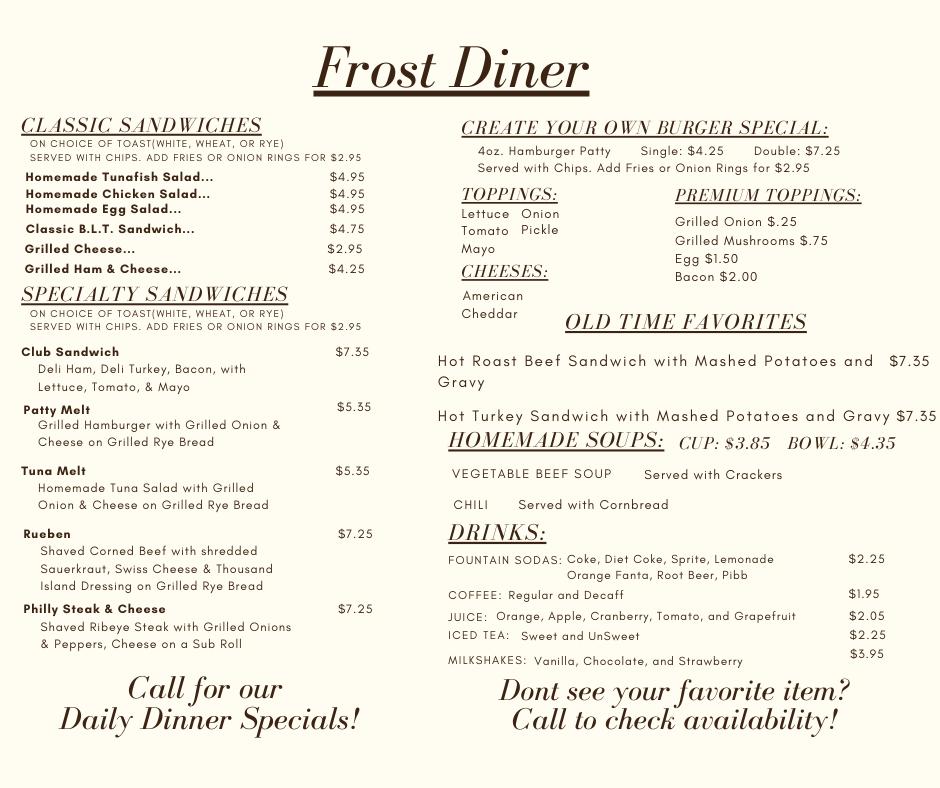 Menu at Frost Diner restaurant, Warrenton