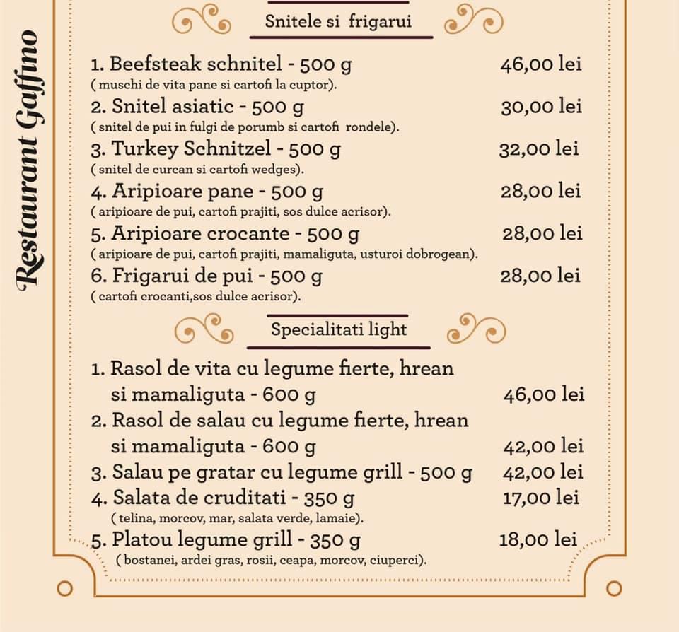 Menu at Gafino, Galați