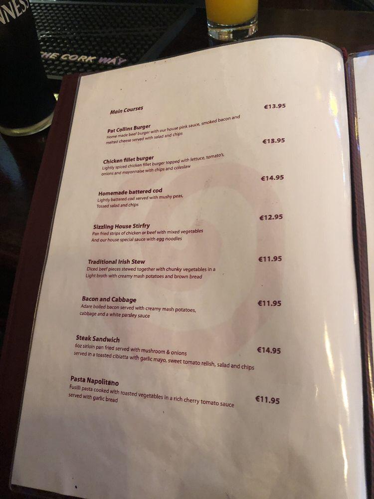 Menu at Pat Collins Bar, Adare