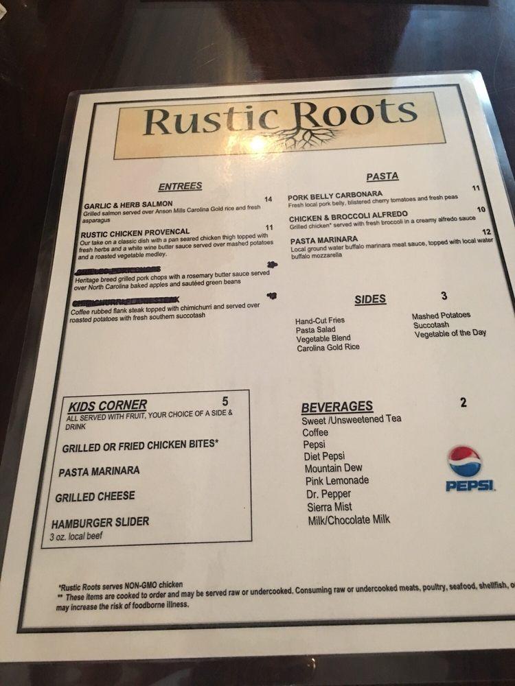 Menu at Rustic Roots restaurant, Lexington