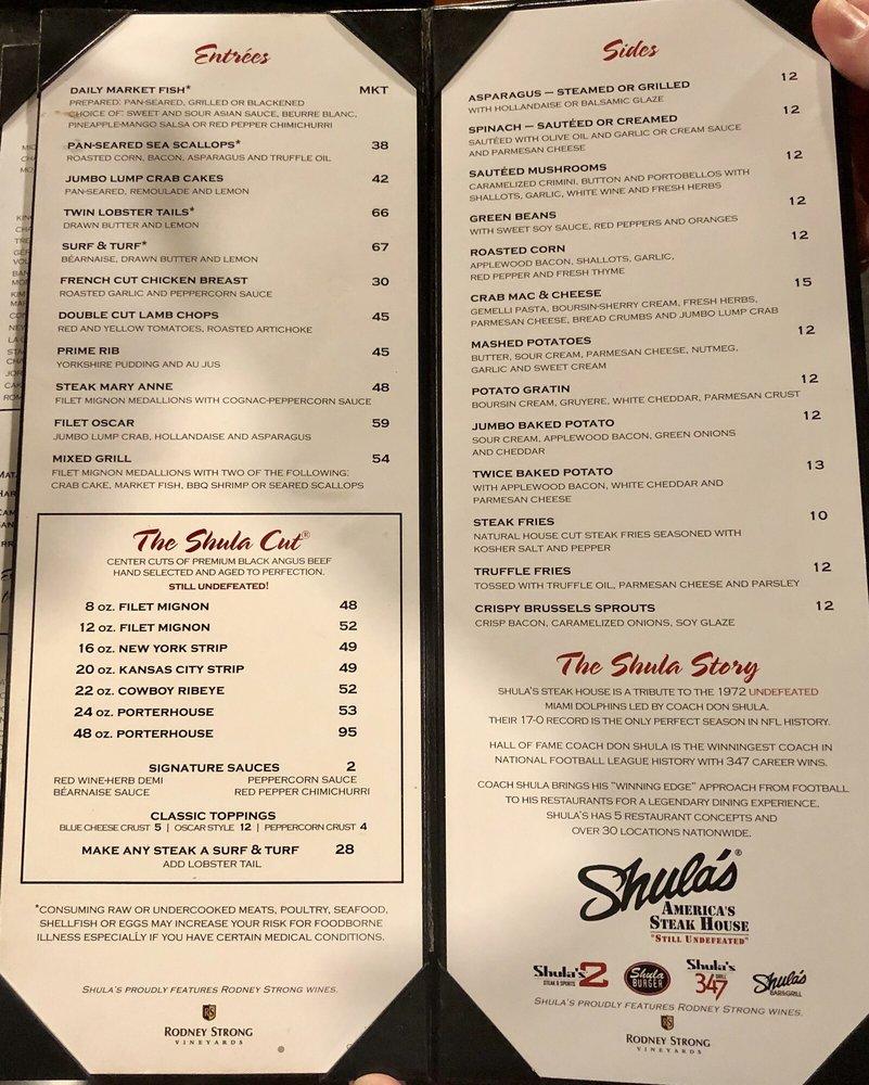 Menu at Shula's Steak House steakhouse, Chicago, 301 E North Water St