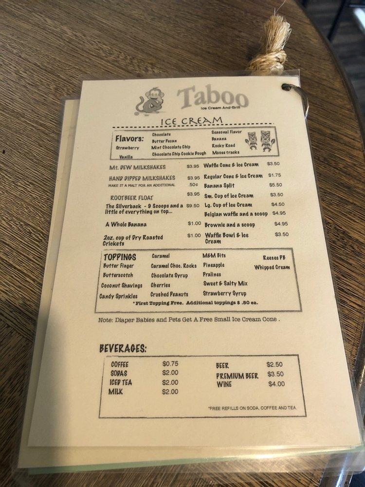 Menu at Taboo Grill Gourmet Burgers and Ice Cream. restaurant, Laurie