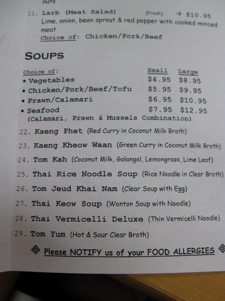 Menu at Thida's Thai Restaurant, Winnipeg