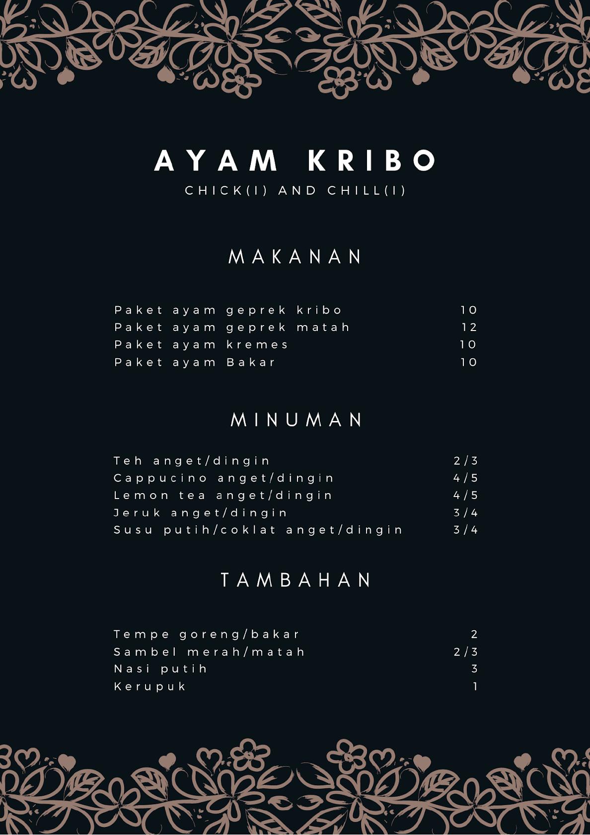 Menu at Ayam Kribo restaurant, Batang