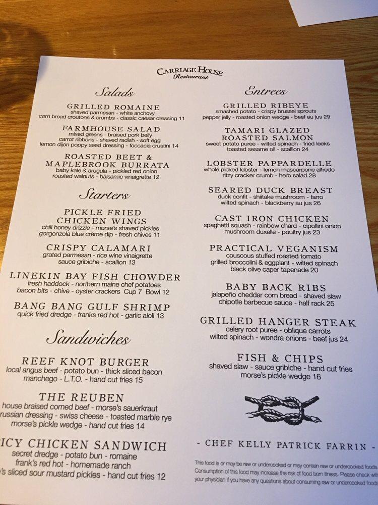 Menu at Carriage House Restaurant, Boothbay