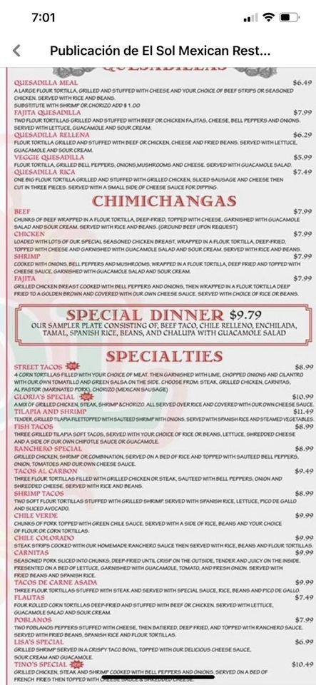 Menu at El Sol Méxican Restaurant, Pine Bluff