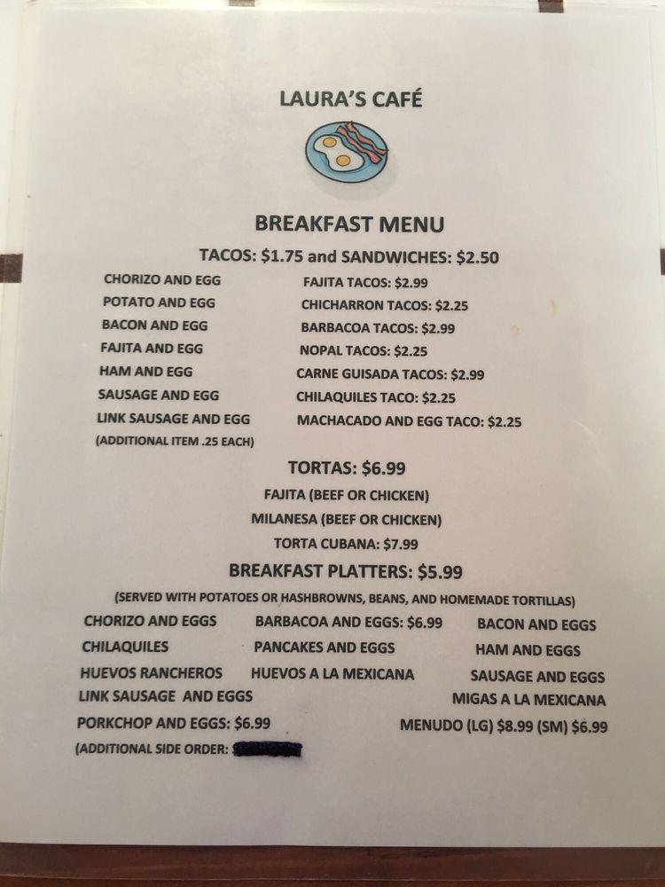 Menu at Laura's Cafe, El Campo