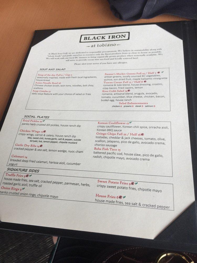 Menu at The Black Iron Club & Grill at Tobiano, Canada