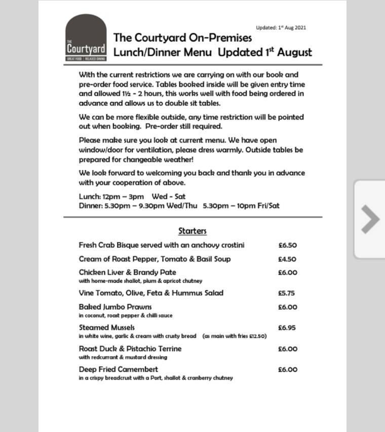 Menu at The Courtyard restaurant, Cupar