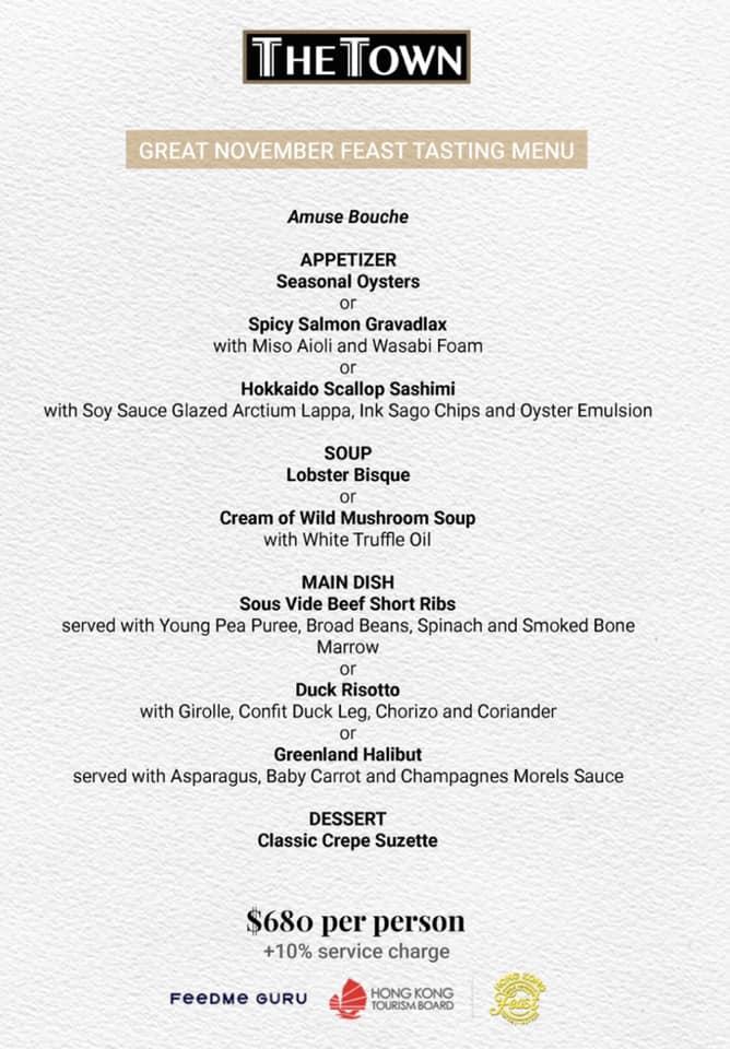Menu at THE TOWN restaurant, Hong Kong