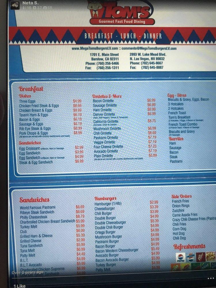 Menu at Tom's Burgers restaurant, North Las Vegas