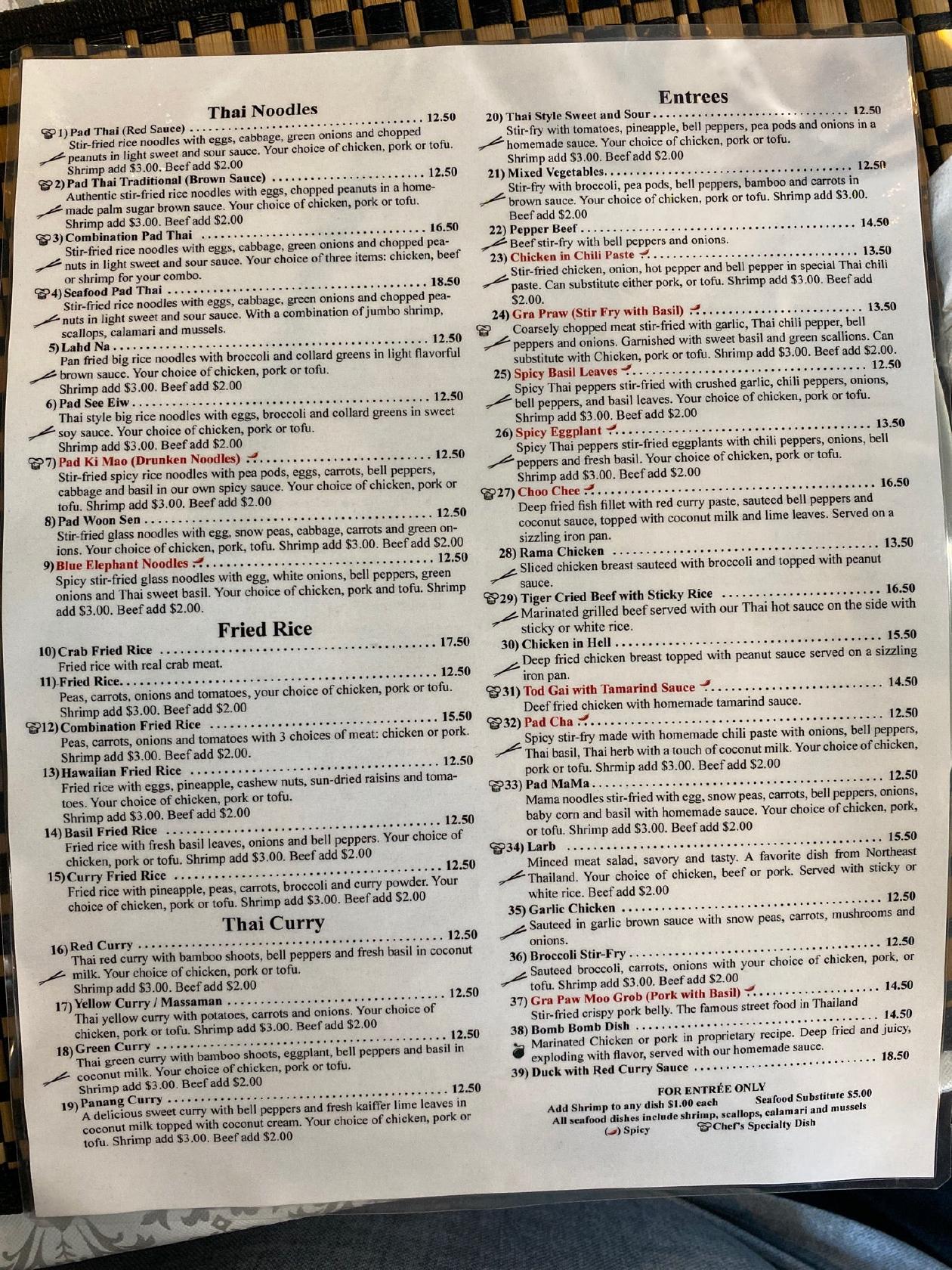 Menu at Blue Elephant Thai Restaurant, Coralville