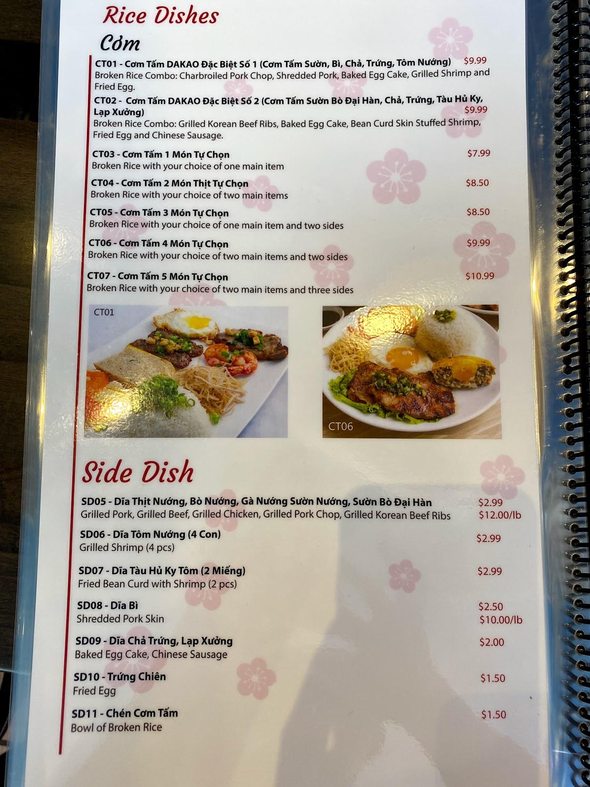 Menu at Dakao restaurant, Houston
