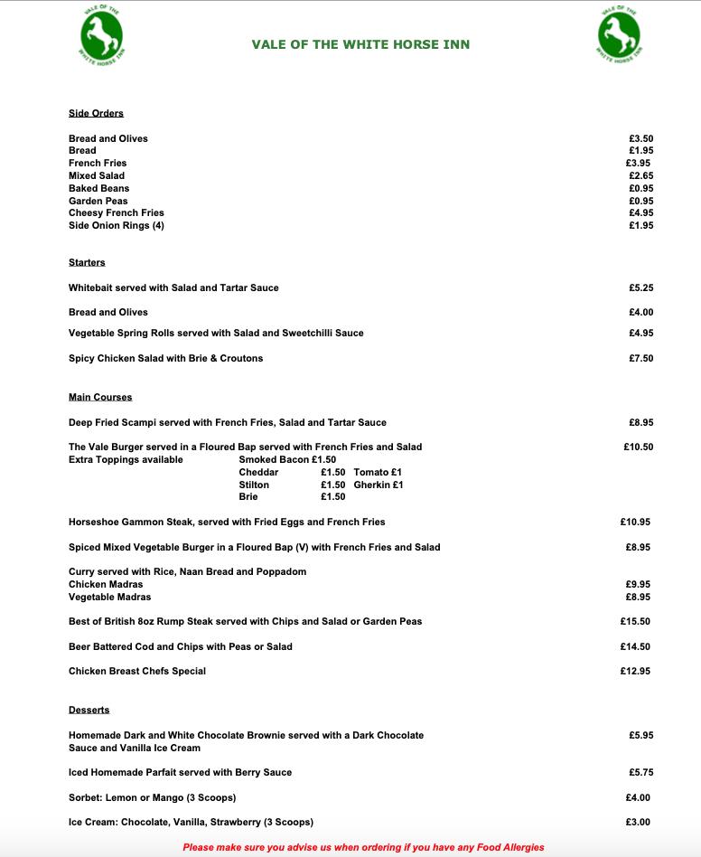 Menu at Vale of the White Horse Inn pub & bar, Minety