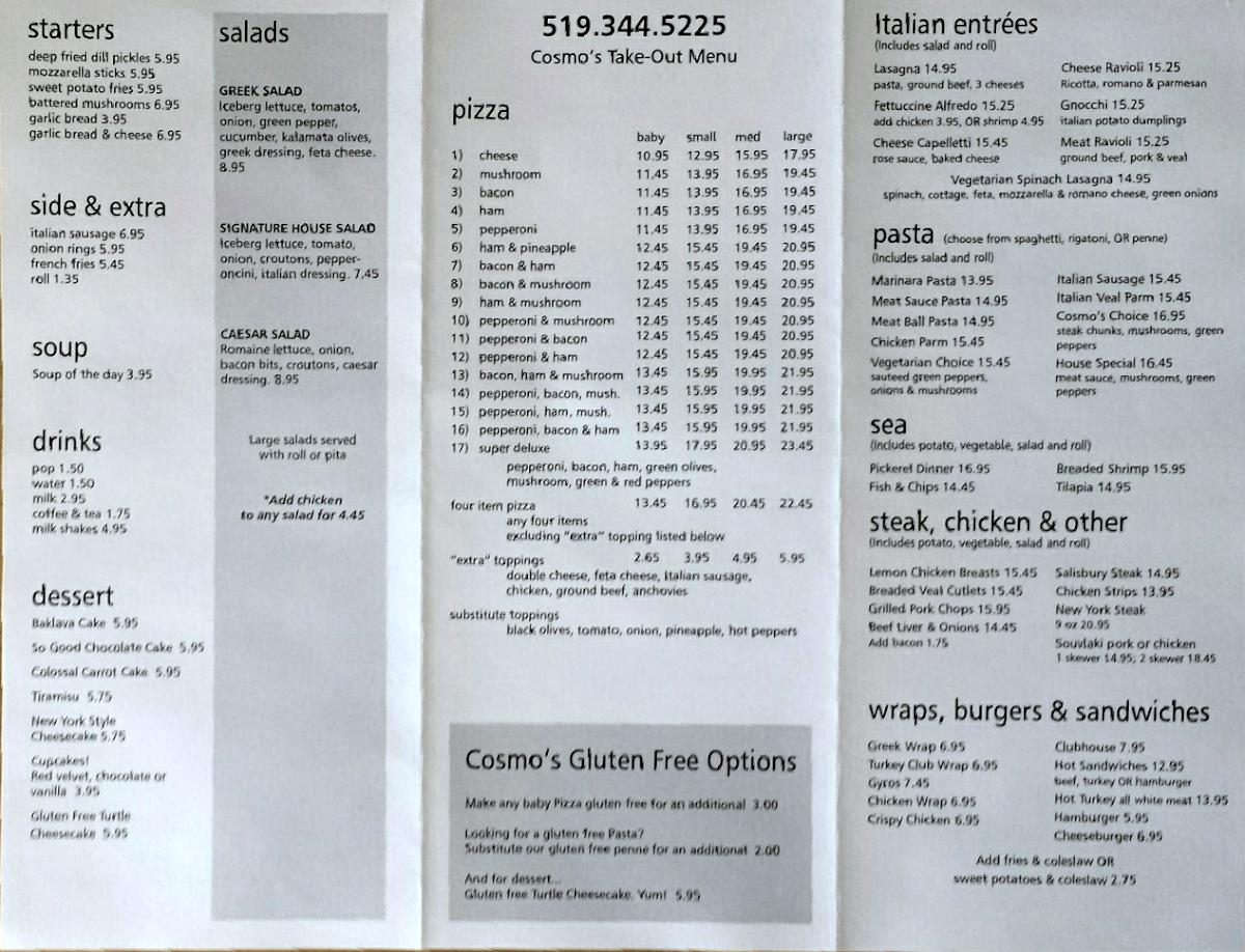 Menu at Cosmo's Family Restaurant, Sarnia