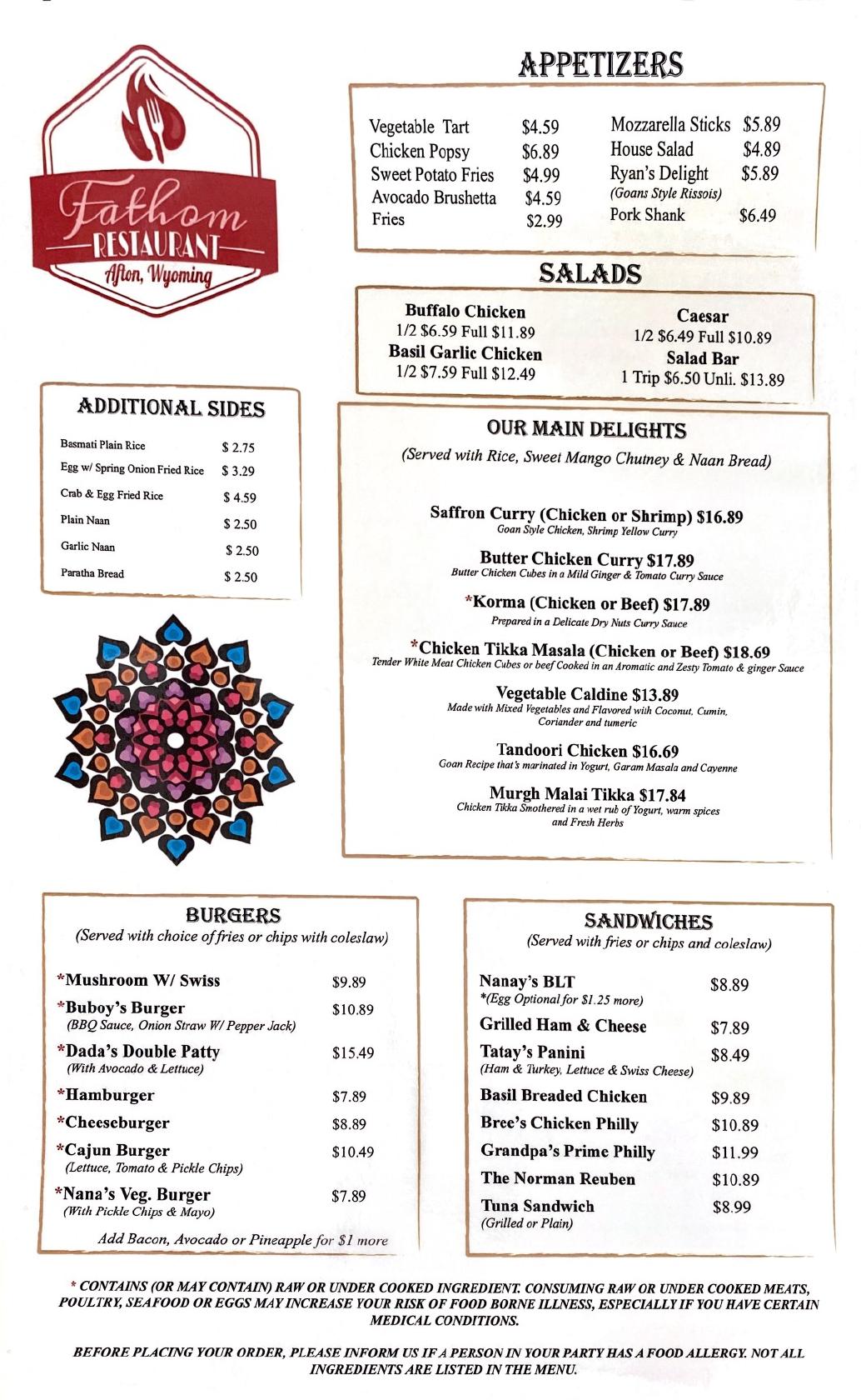 Menu at Fathom Restaurant, Afton