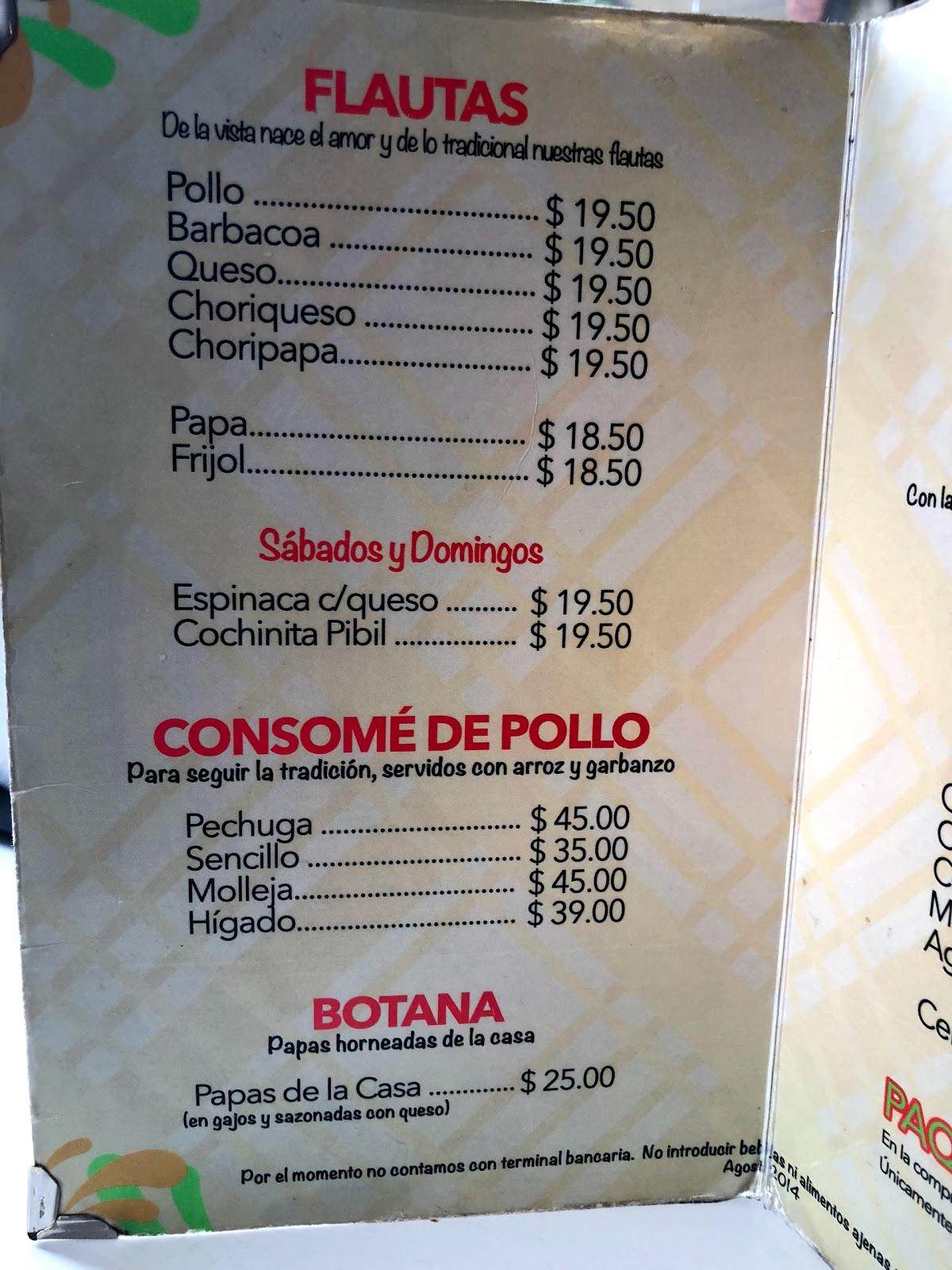 Carta del restaurante Flautas El Pipirín, Ciudad del México, Canal del ...