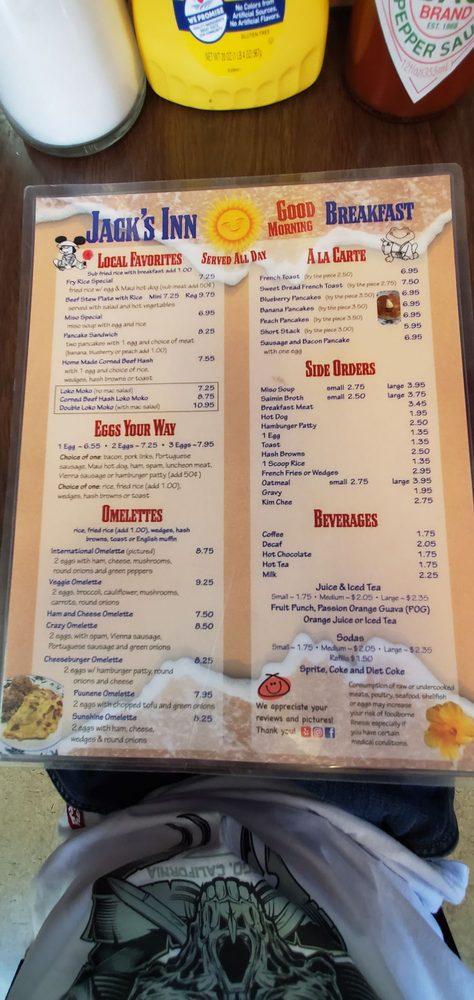 Menu at Jack's Inn restaurant, Kahului