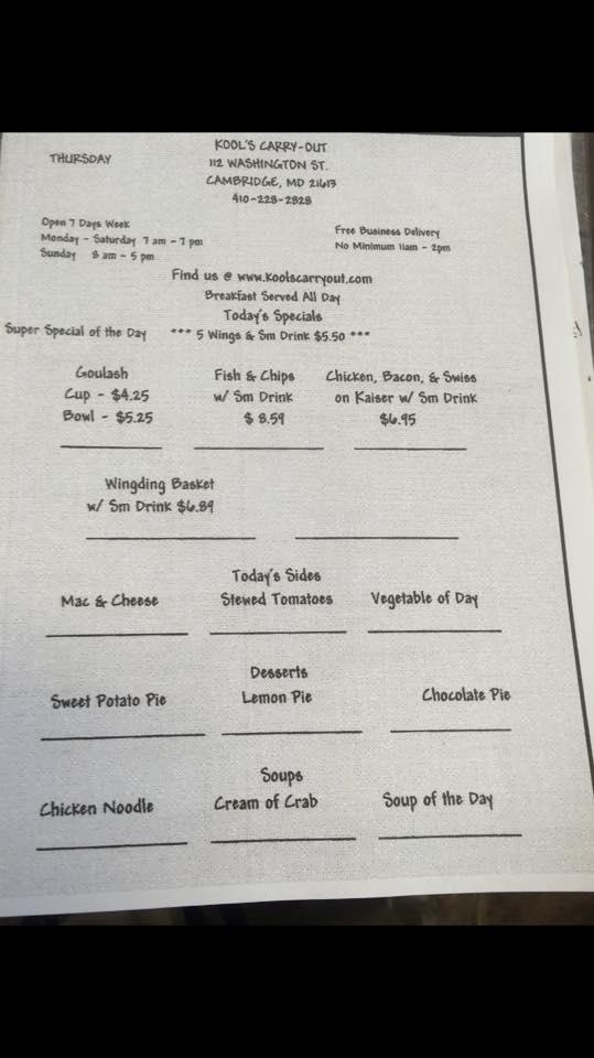 Menu at Kool's Carry-Out restaurant, Cambridge, 112 Washington St