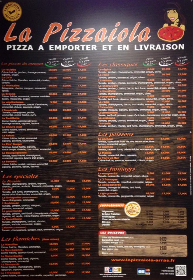 Menu au La Pizzaiola restaurant, Arras