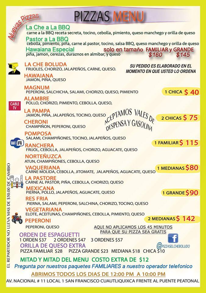 Menu at Pizza El Che Boludo pizzeria, Campeche