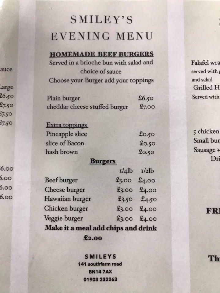 Carta de Smileys Cafe, Worthing