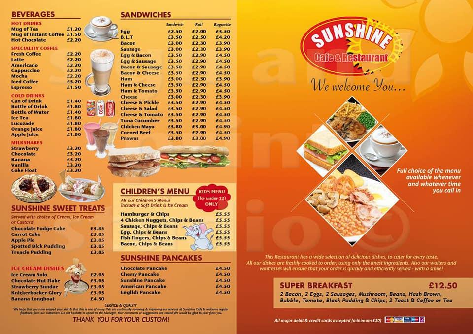Menu at The Sunshine Café cafe, Burgess Hill
