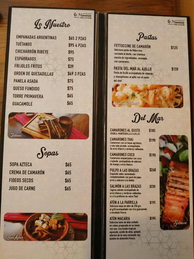 Menu at Casa Macaria restaurant, Guadalajara, Av Cruz del Sur 2964