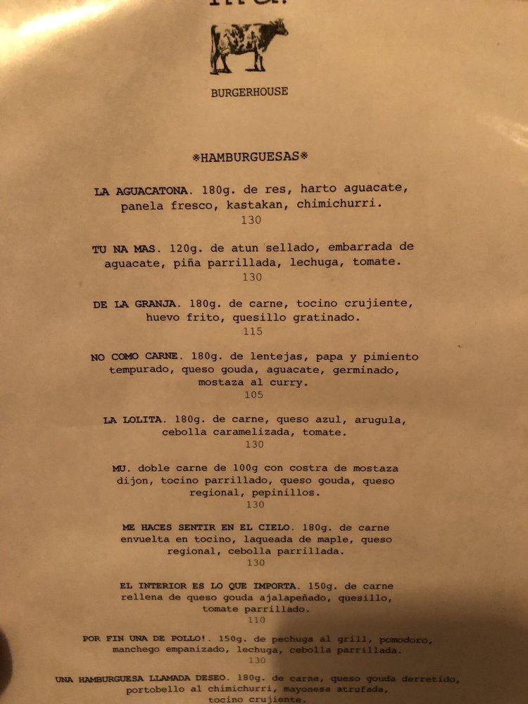 Menu at Mu. Burgerhouse restaurant, Playa del Carmen, 40 Avenida Nte. 11