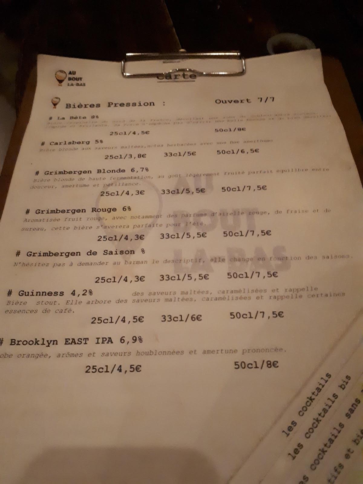 Menu au Au bout la bas pub et bar, Dieppe