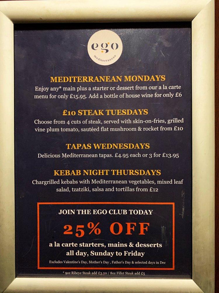 Menu at Ego Mediterranean Restaurant & Bar, Sheffield, Sheffield, 88 ...