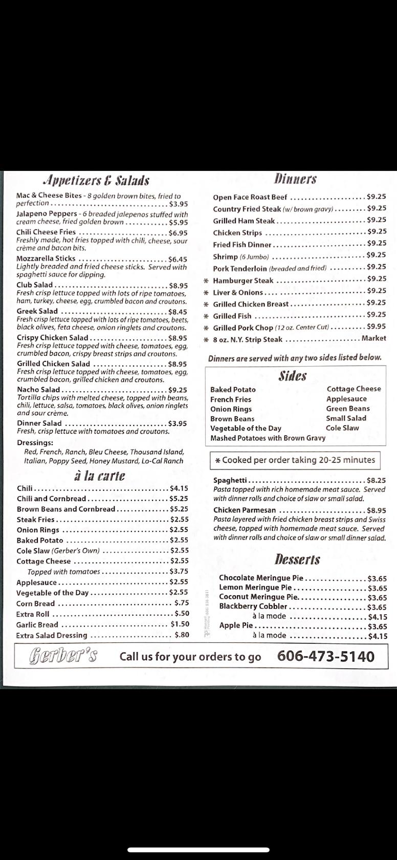 Menu at Gerber's Restaurant, Greenup, Town Hill Plaza
