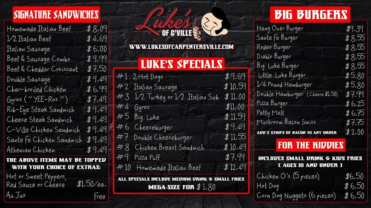 Menu at Luke's fast food, Carpentersville