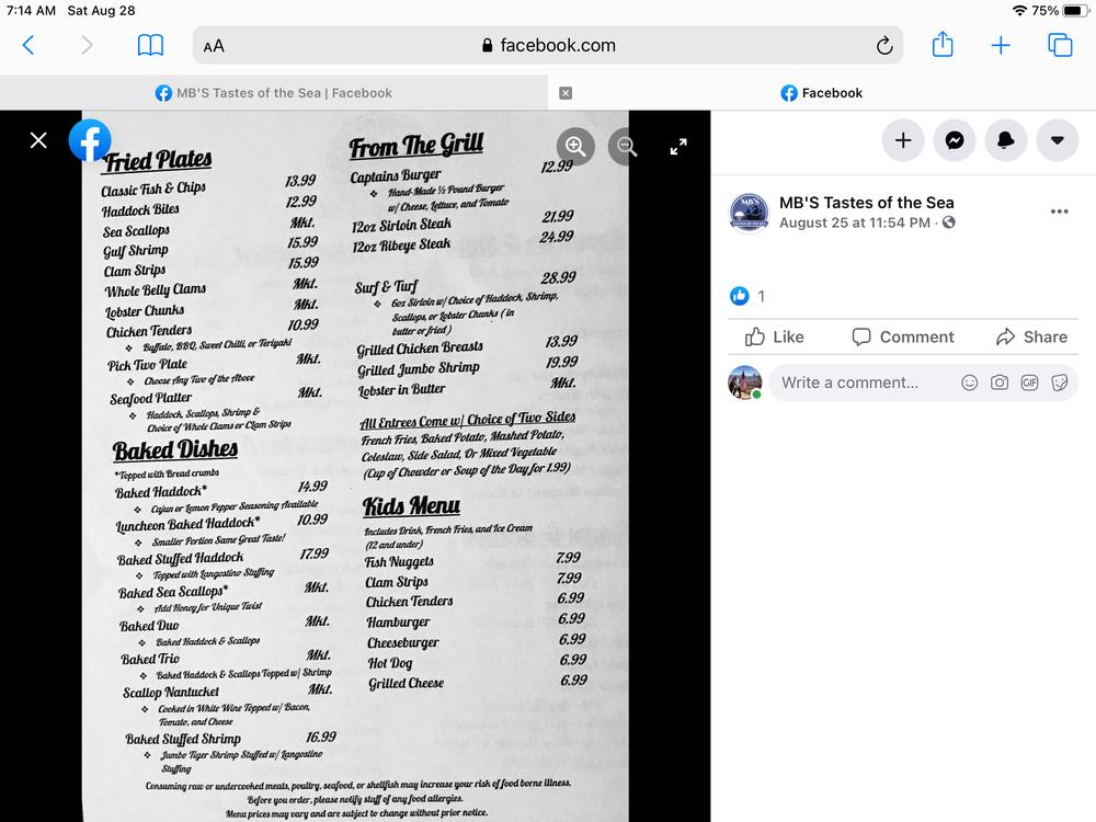 Menu at MB's Taste of the Sea restaurant, Palmer