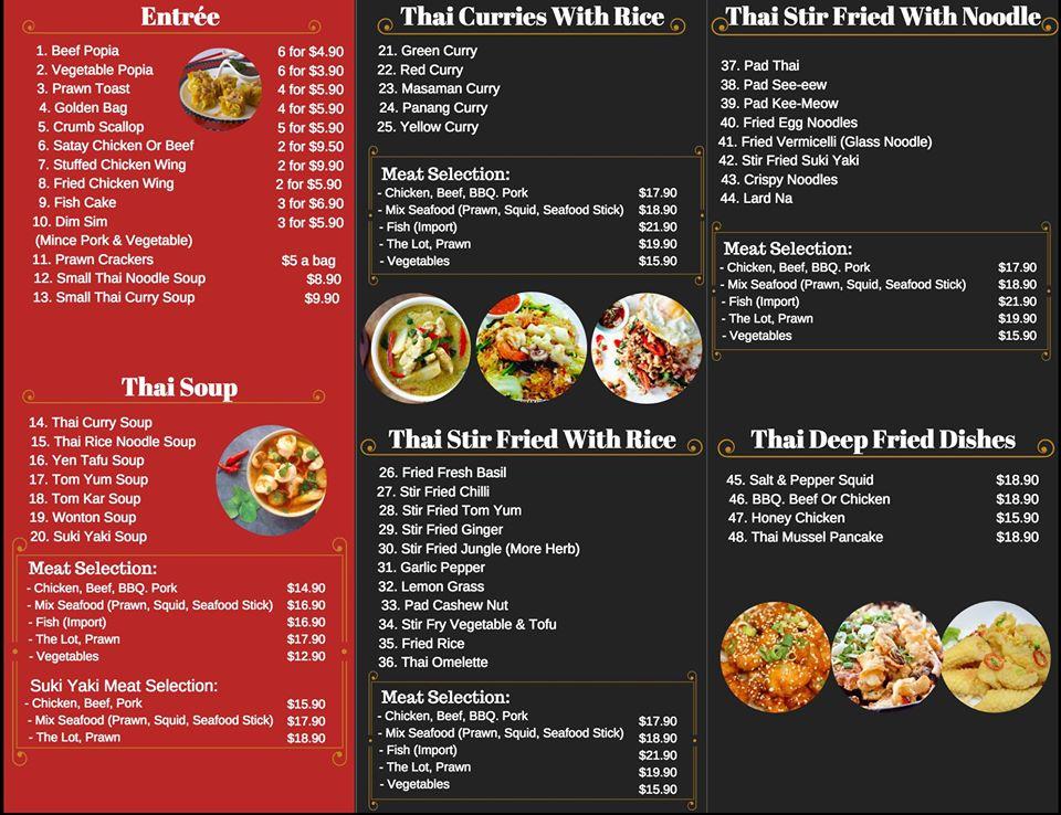 Menu at Siam Thai restaurant, Darwin City