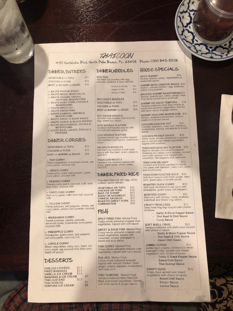 Menu at Thaicoon Restaurant, North Palm Beach