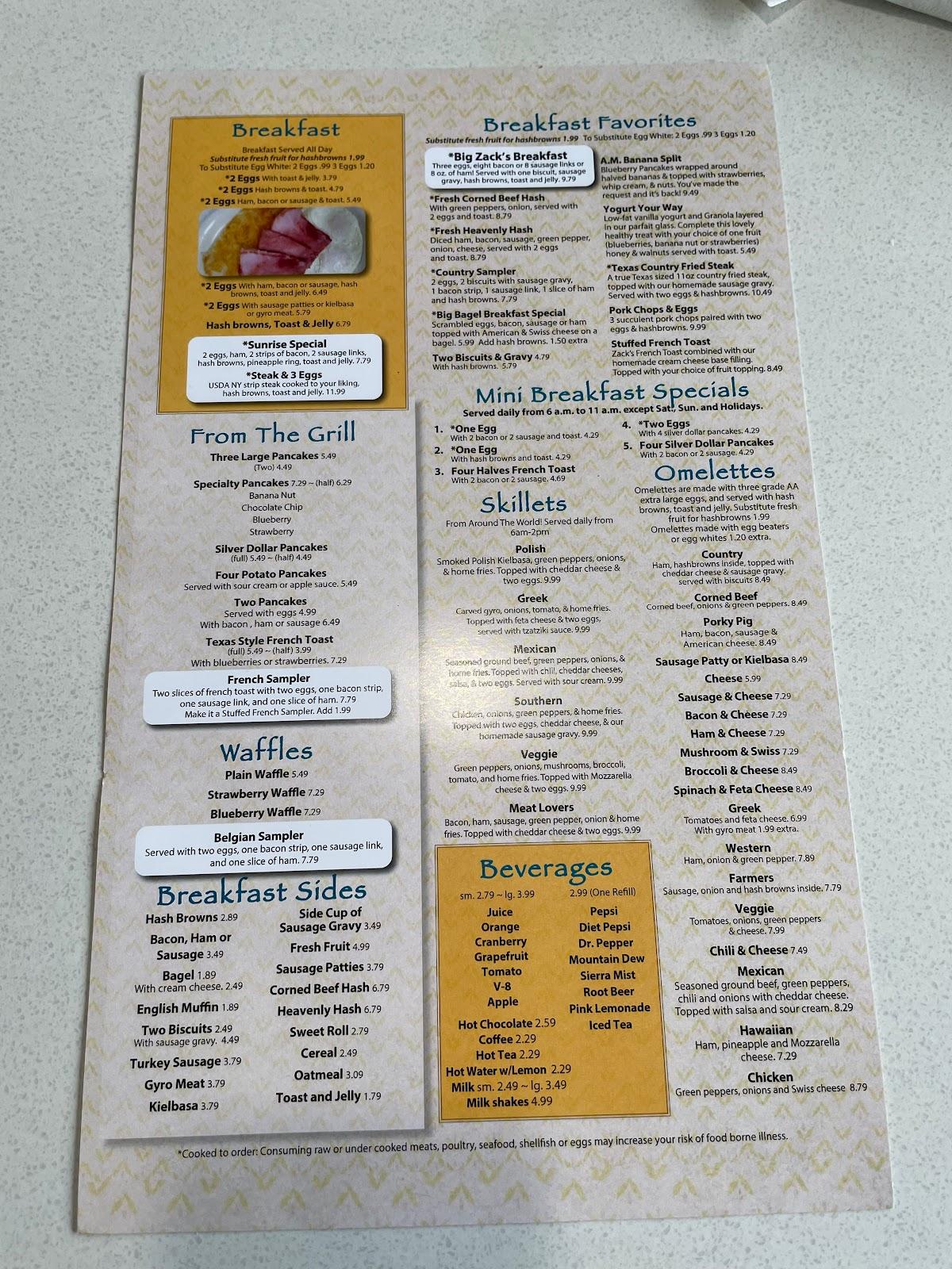 Menu at Zack's of Plymouth restaurant, Plymouth