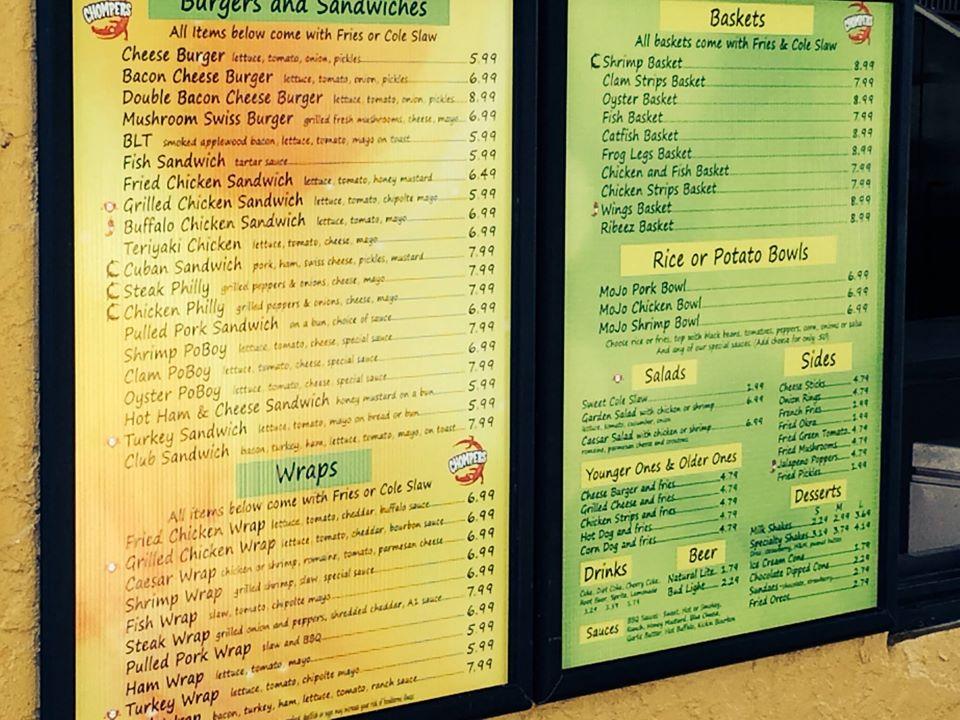 Menu at Chompers Diner restaurant, Fanning Springs