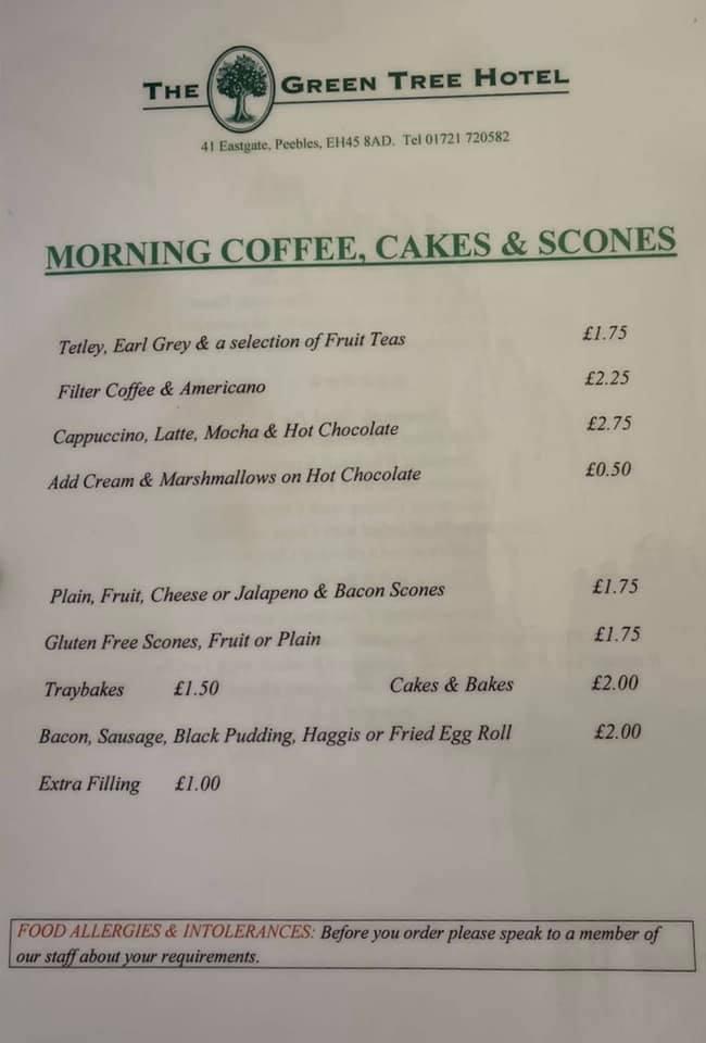 Carta del pub y bar Green Tree Hotel, Peebles