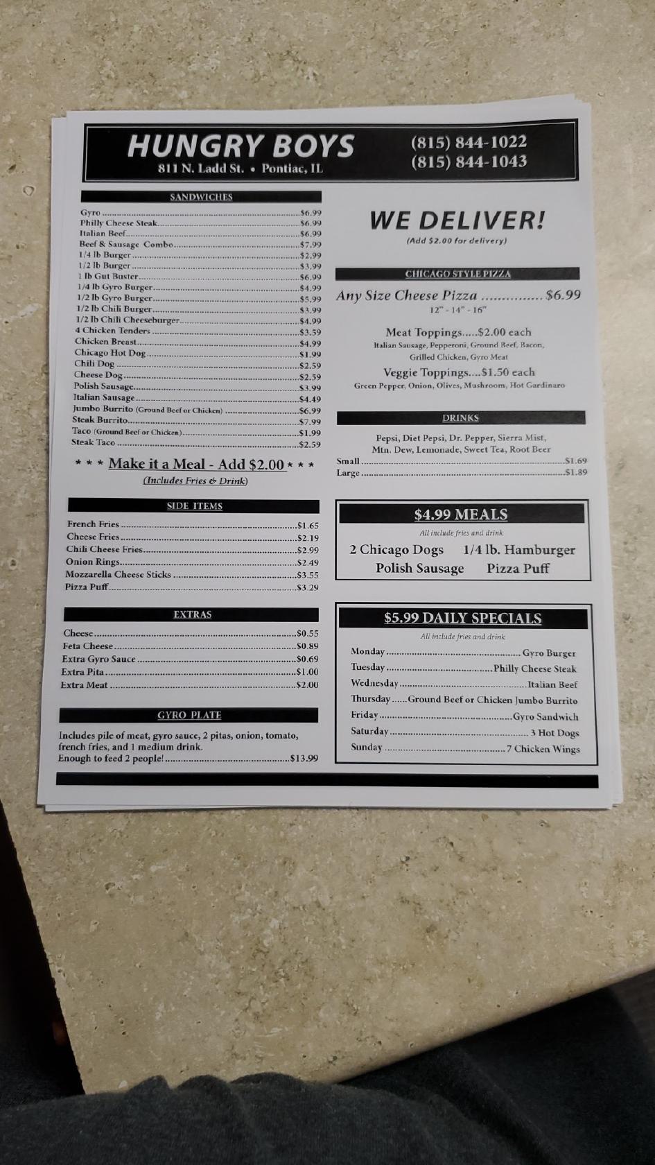 Menu at Hungry Boys restaurant, Pontiac