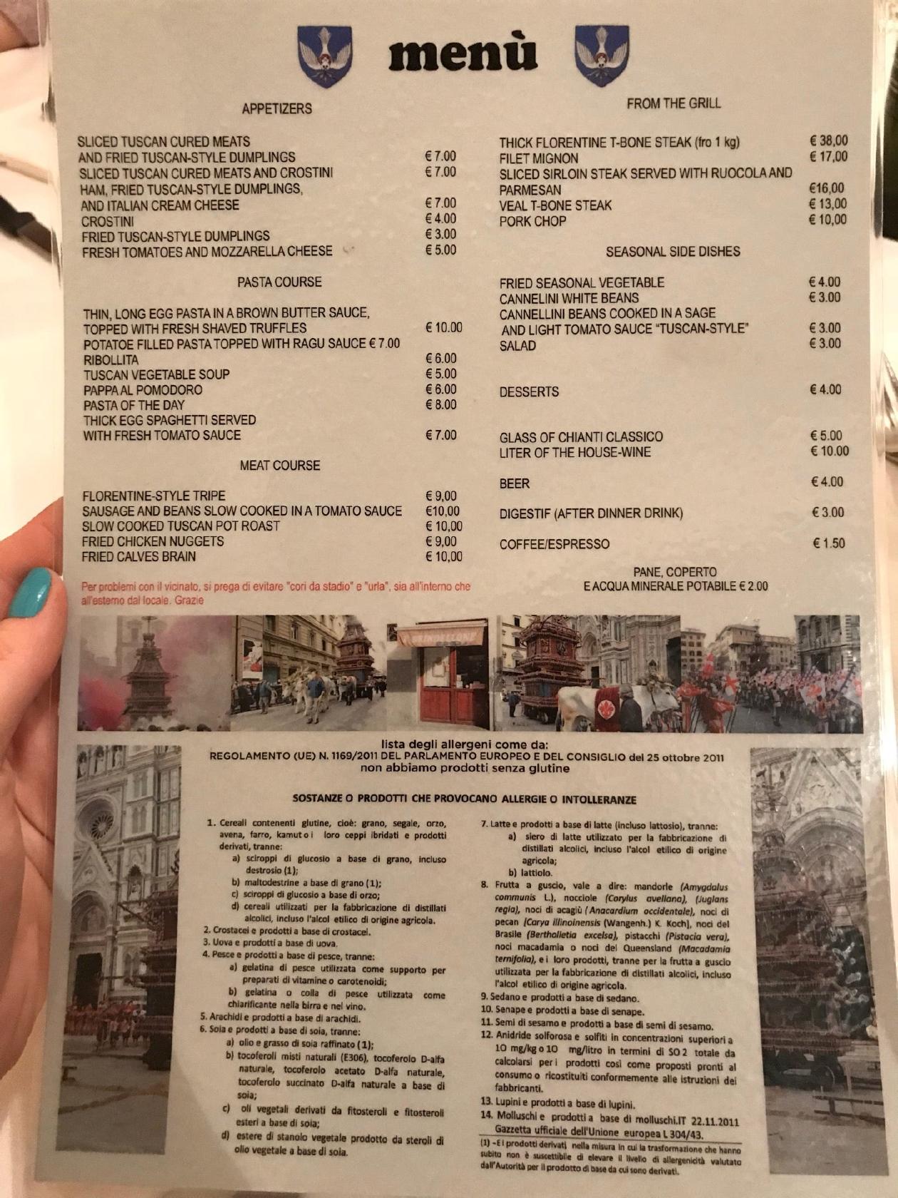 Menu da I'Brindellone ristorante, Firenze