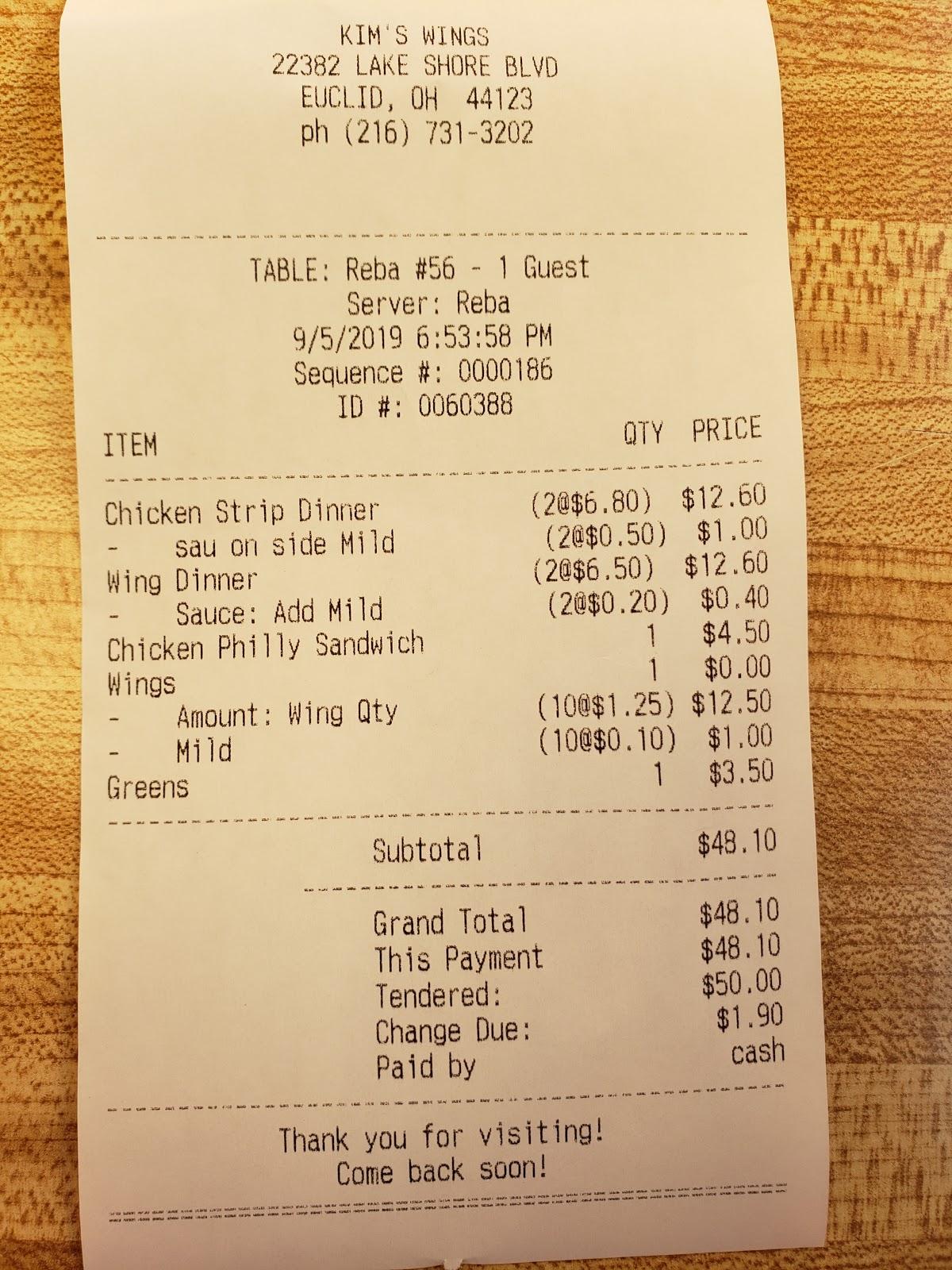 Menu at Kim's Wings restaurant, Euclid, Lakeshore Blvd