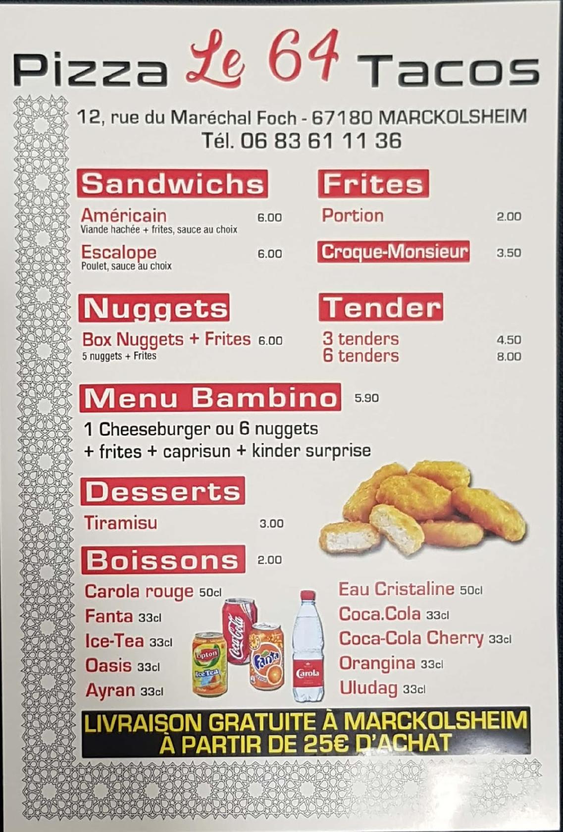 Menu au Burger Le 64 Tacos restaurant, Marckolsheim