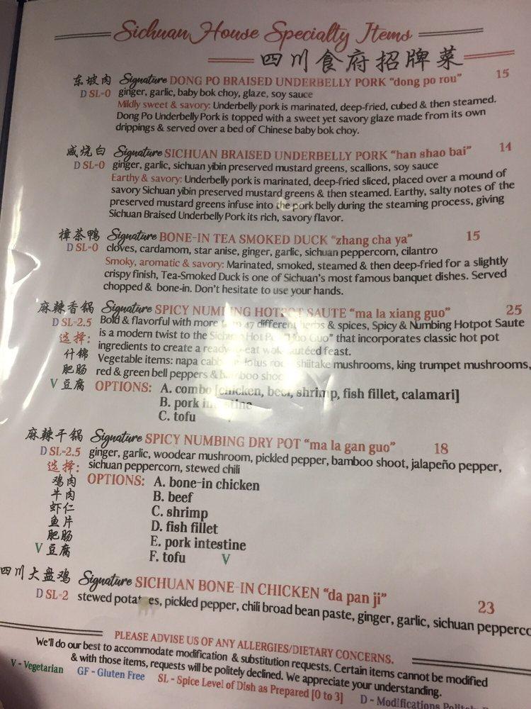 Menu at Sichuan House restaurant, San Antonio