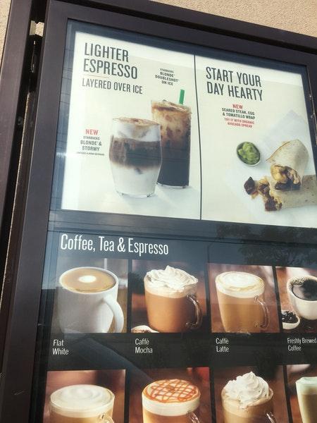 Menu at Starbucks, Barrie, 472 Bayfield St