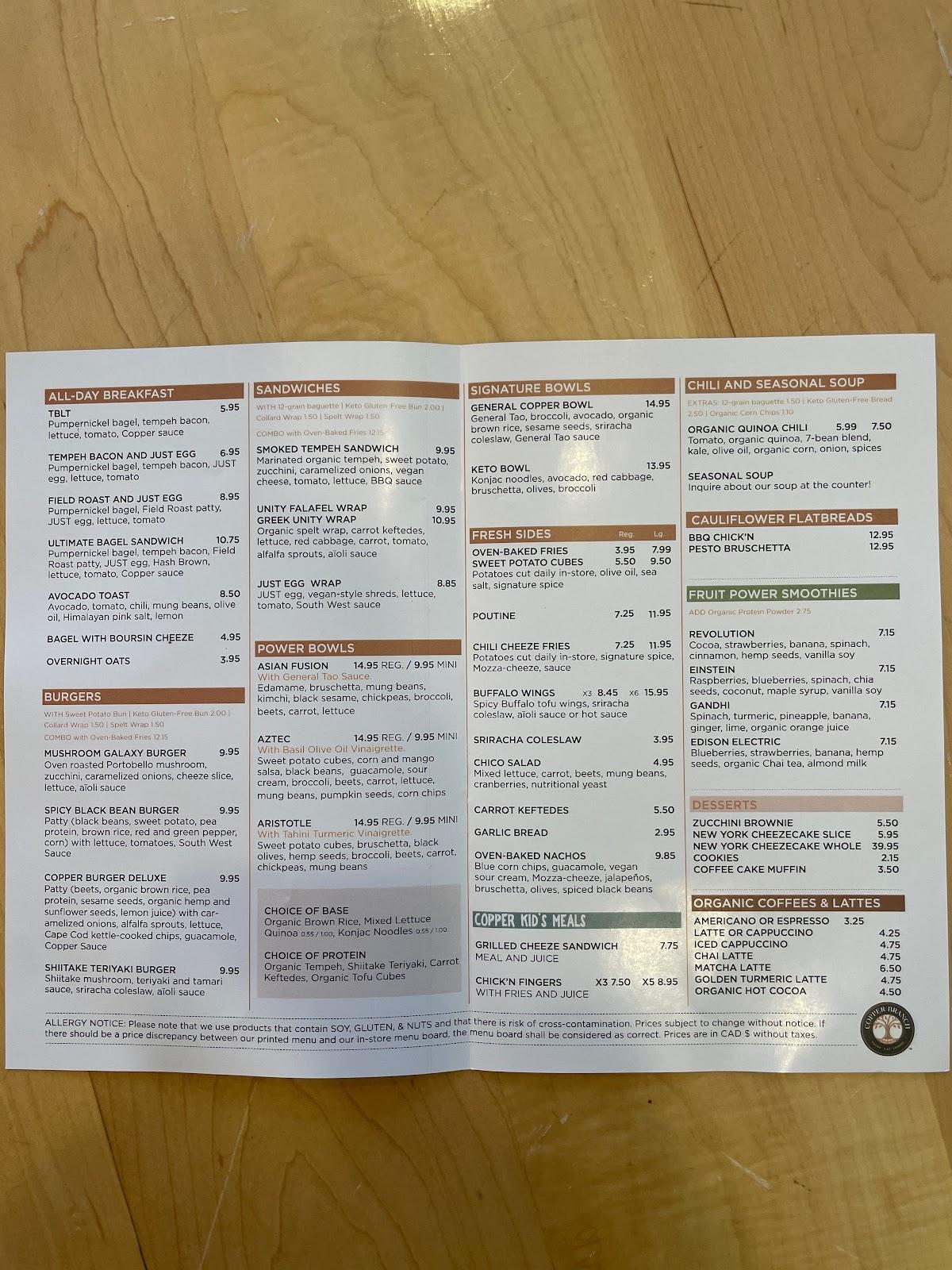 Carta del restaurante Copper Branch, Oshawa, Simcoe St N #105