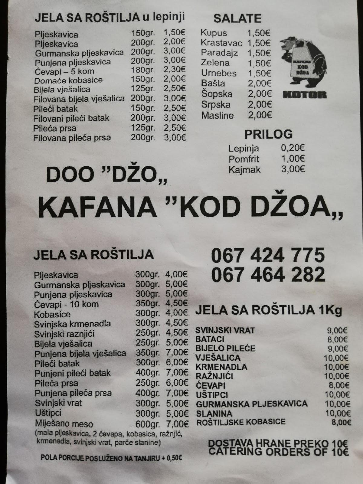 Menu at Jedite Kod Dzoa restaurant, Kotor, Dobrota 76
