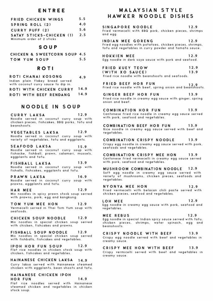 Menu at Malaymas restaurant, Fitzroy North
