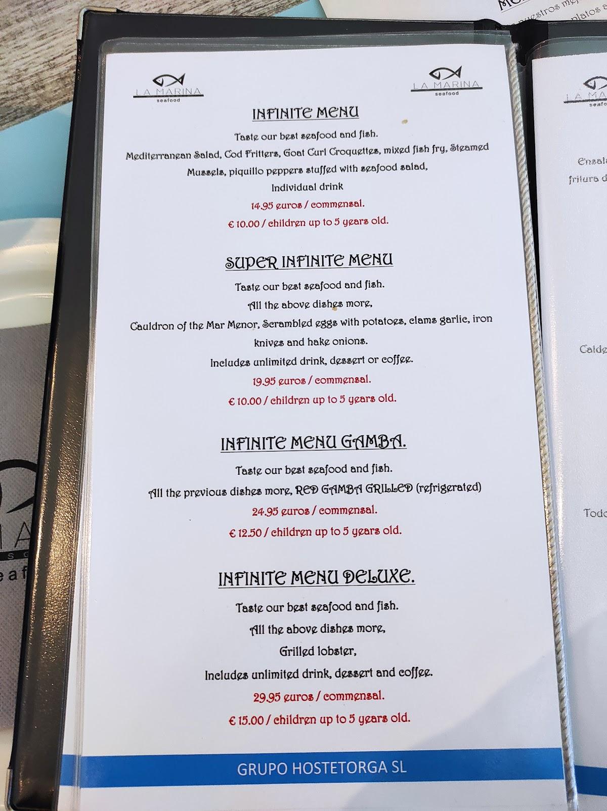 Carta del restaurante Marisquería La Marina, Cartagena