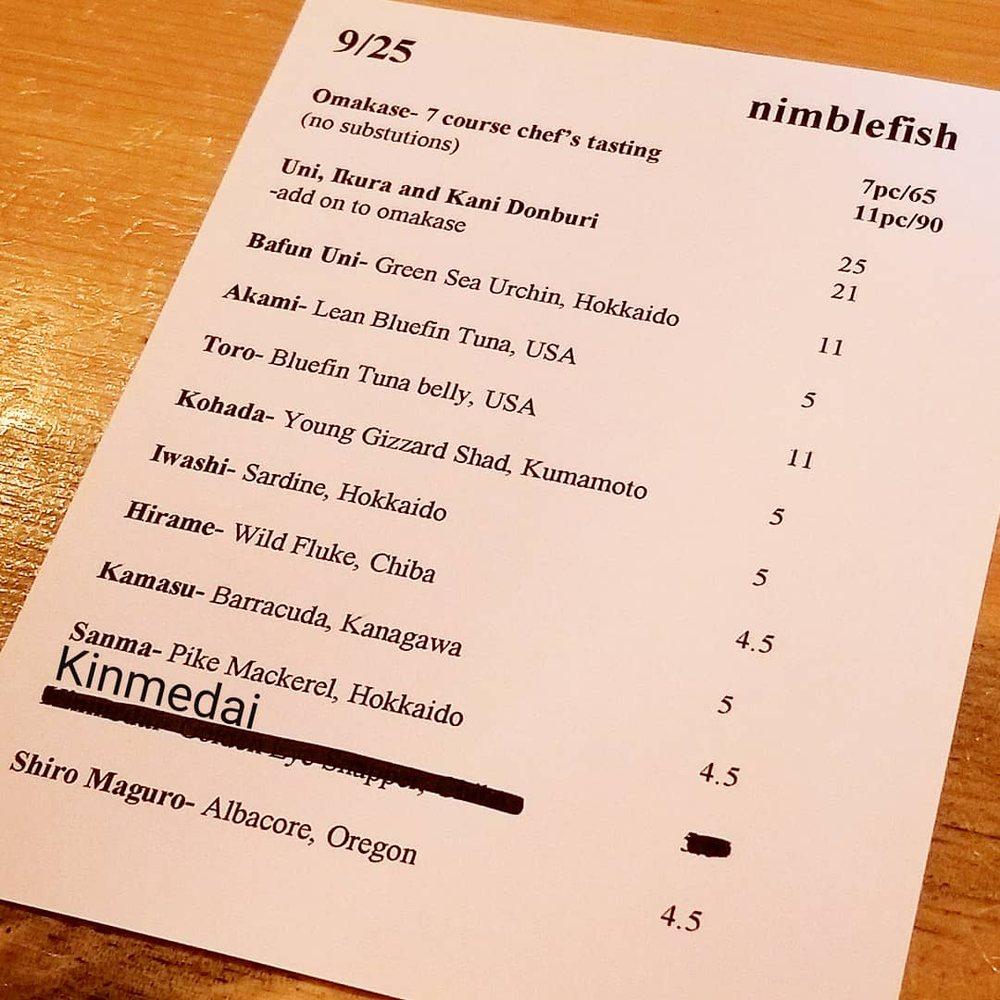 Menu at Nimblefish restaurant, Portland